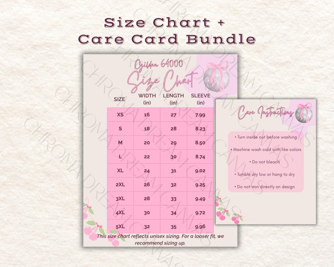 Gildan 64000 Coquette Themed T-shirt Size Chart & Care Card Bundle ...