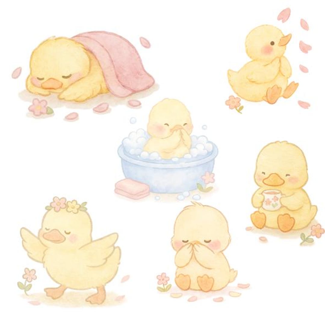 Watercolor Duck Clipart Set Fluffy Pastel Yellow Ducks With Spring ...