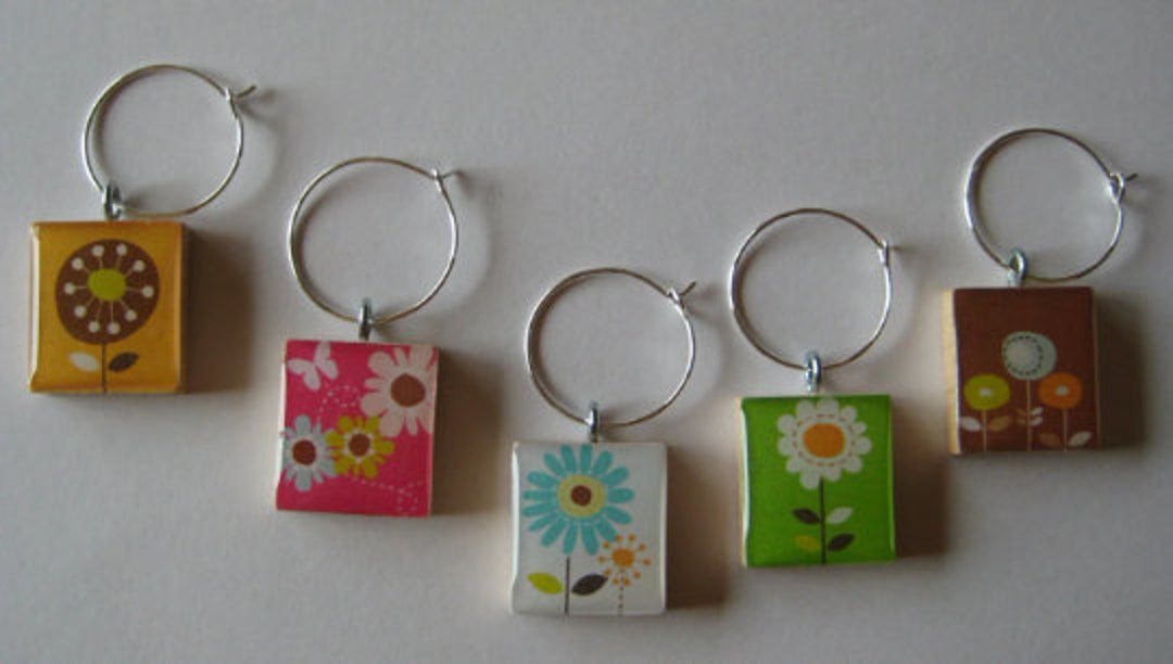 Cute Flowers Scrabble Tile Wine Charms - Etsy