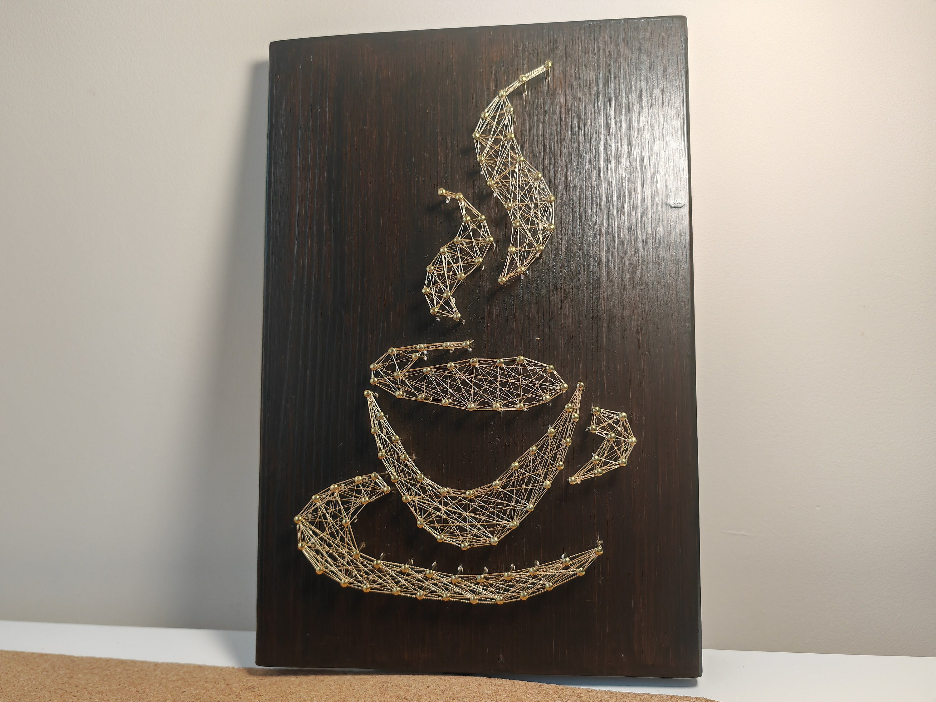 Cup of Coffee String Art Wall Hanging, Handmade Picture, Brown and Gold ...