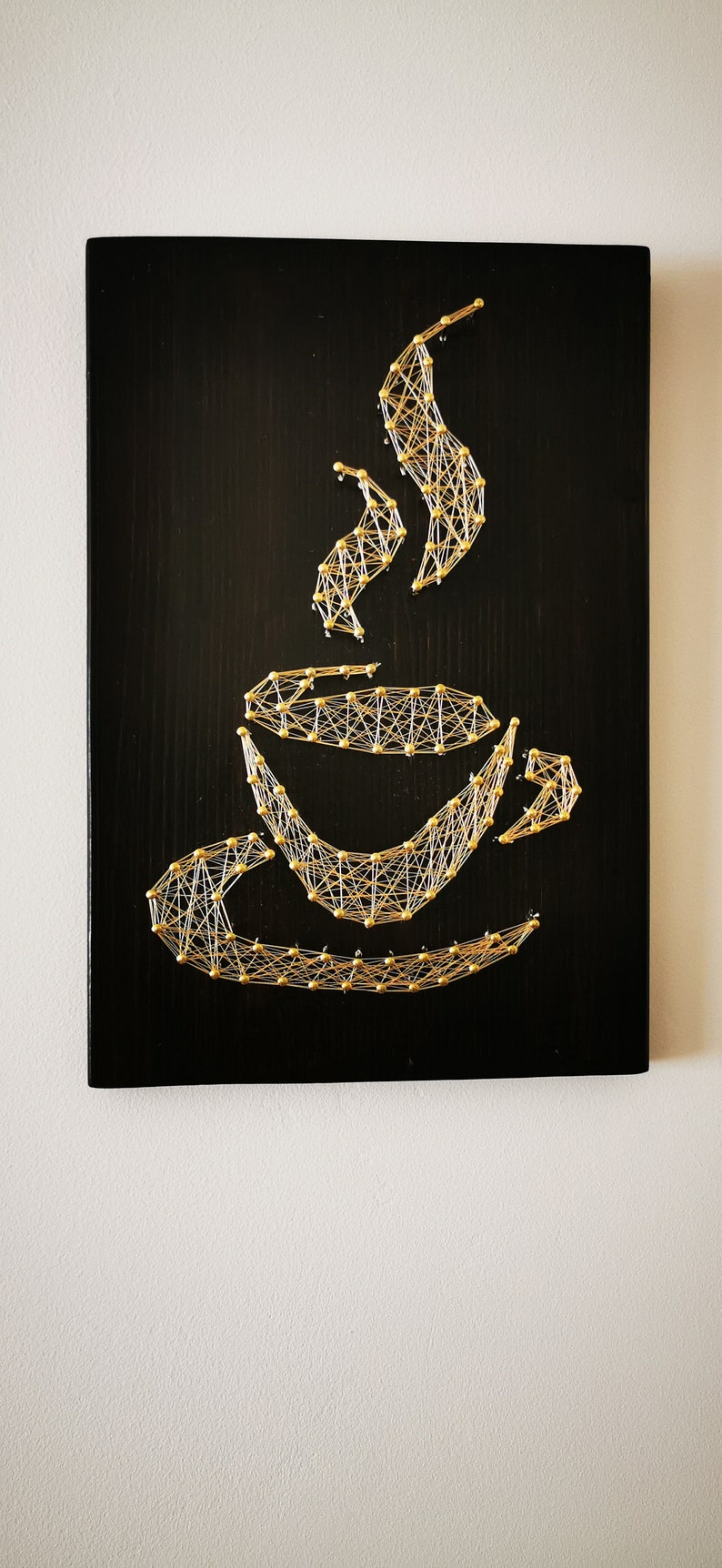 Handmade Coffee Cup String Art, Golden Nails on Wood (20x30cm) - Etsy