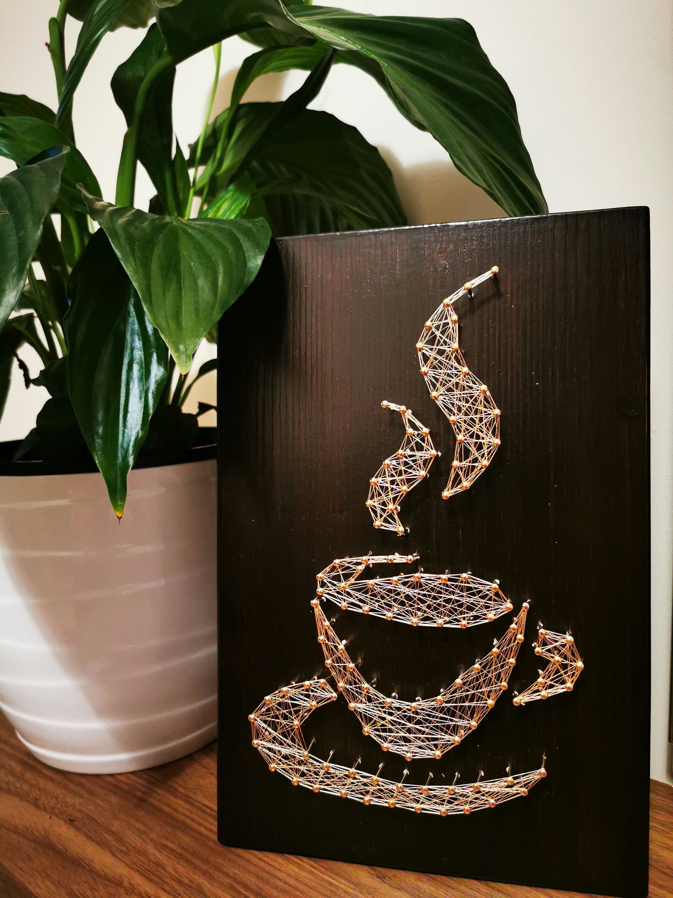 Cup of Coffee String Art Wall Hanging, Handmade Picture, Brown and Gold ...