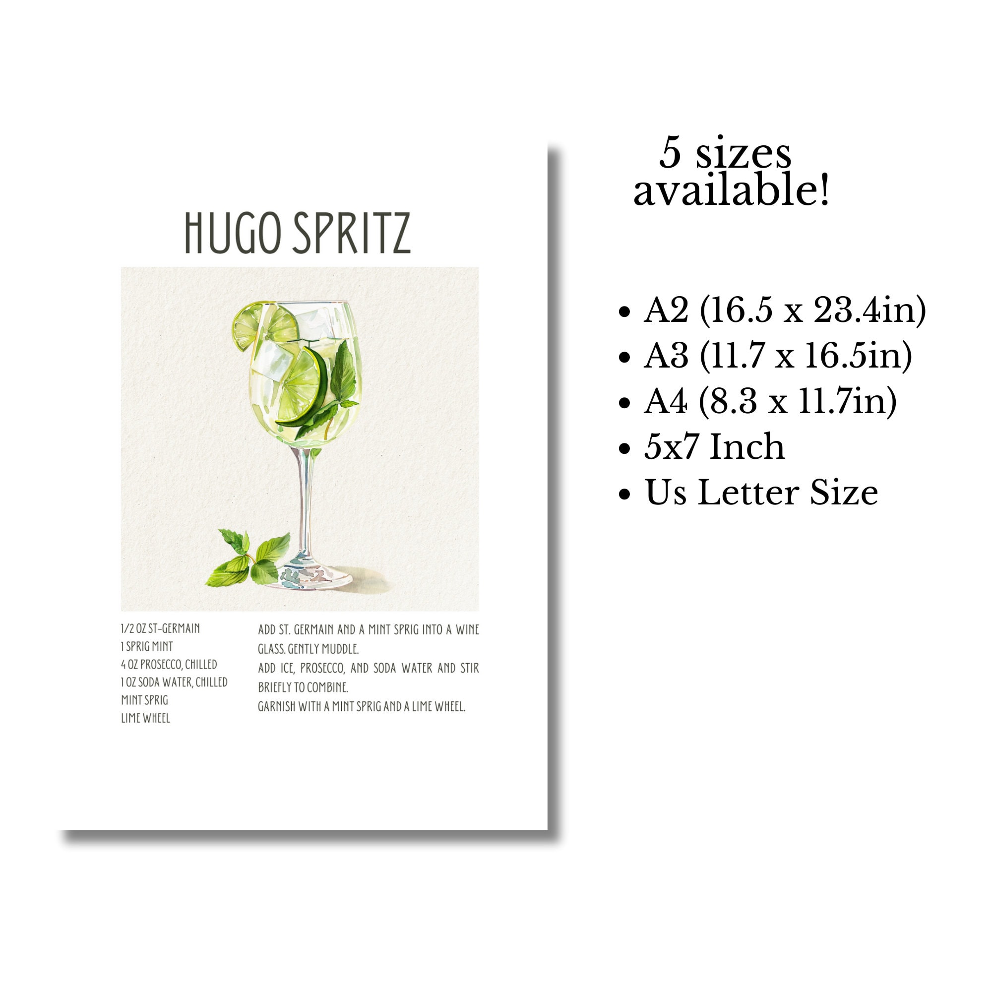 Hugo Spritz Print Cocktail Recipe Printable Drink Illustration Cocktail ...