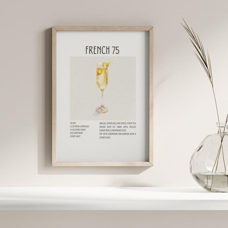 French 75 Cocktail Recipe Printable Drink Illustration Cocktail Recipe ...