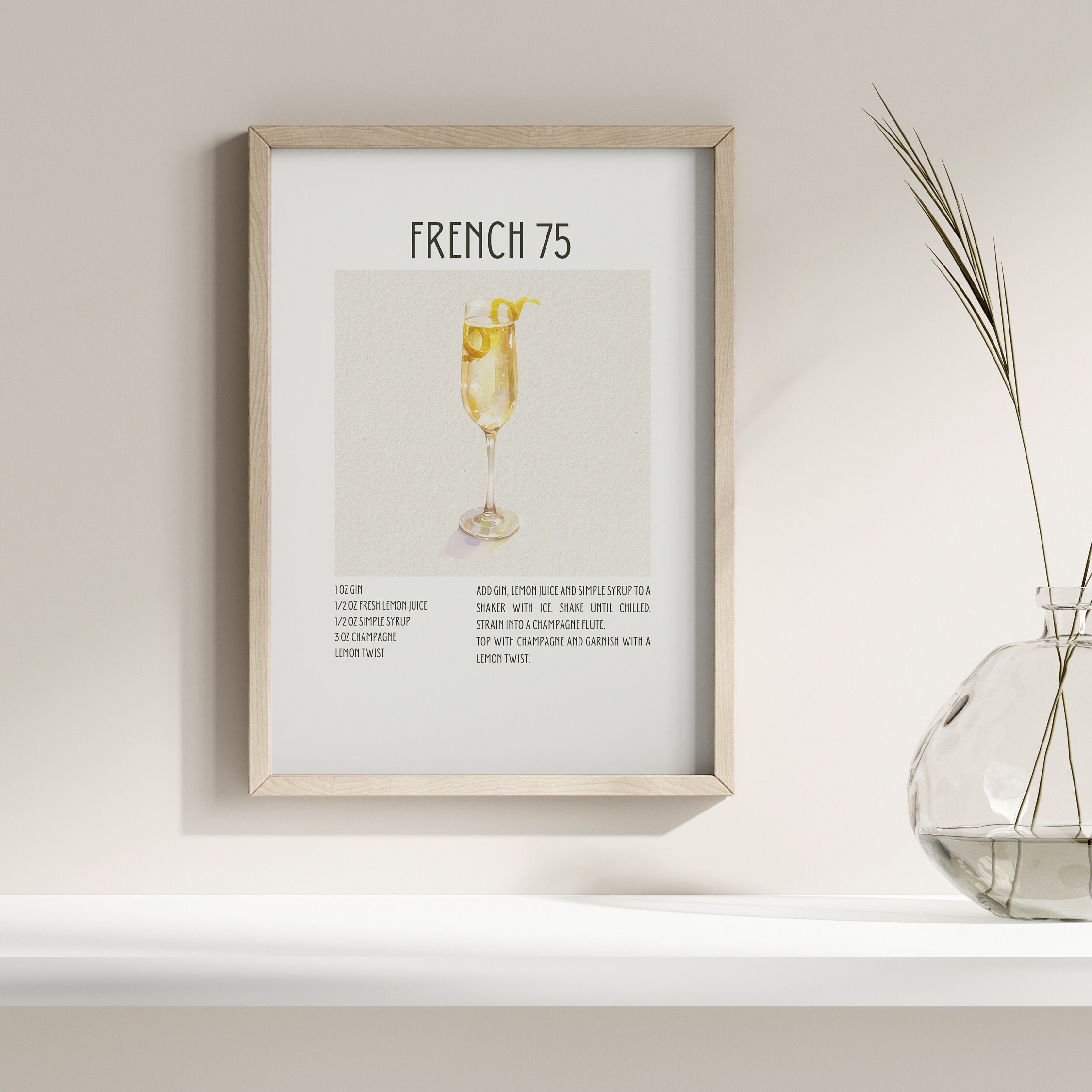French 75 Cocktail Recipe Printable Drink Illustration Cocktail Recipe ...
