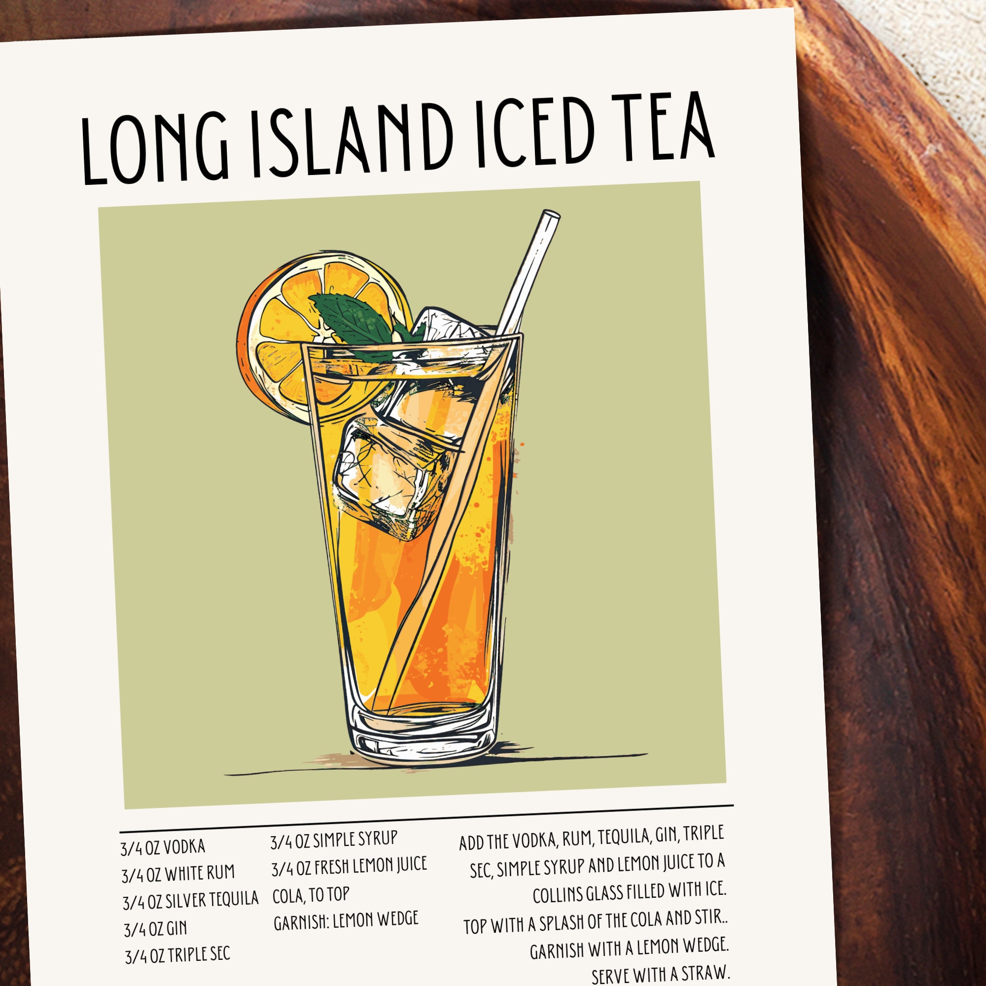 Long Island Iced Tea Recipe Card Cocktail Recipe Card Long Island Iced ...
