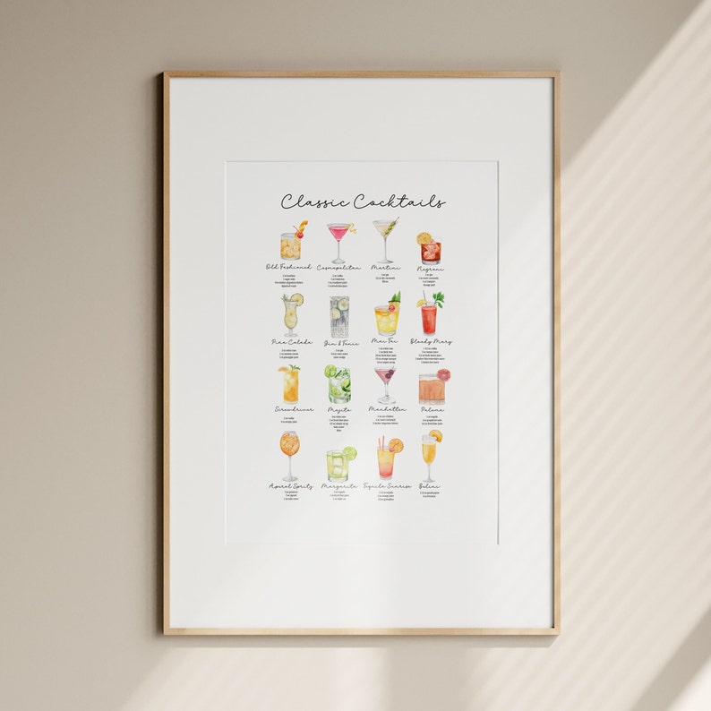 Cocktail Poster Classic Cocktails Watercolor Drinks Poster Bar Cart ...