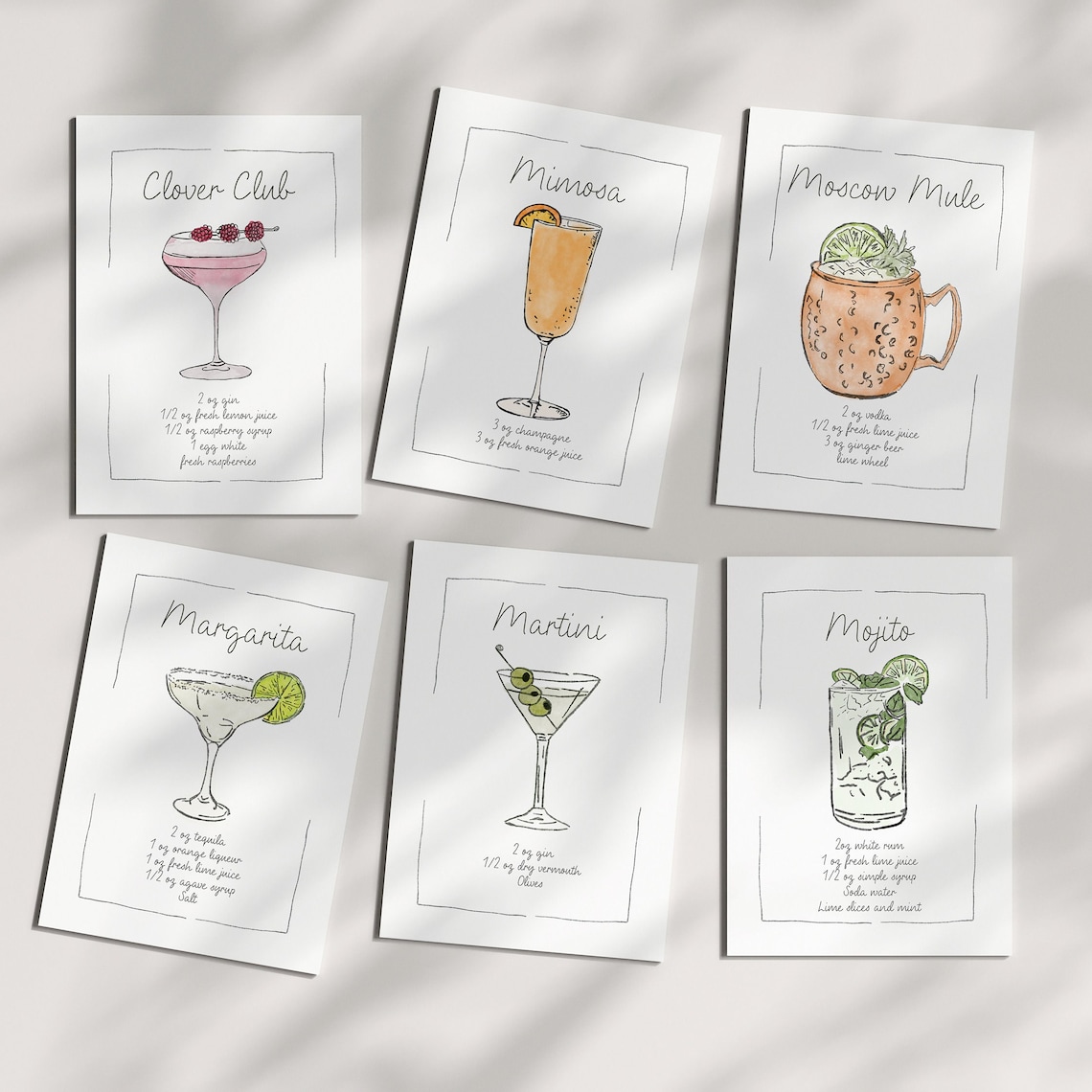 Cocktail Recipe Card Printable Six Printable Recipe Cards Hand Drawn ...