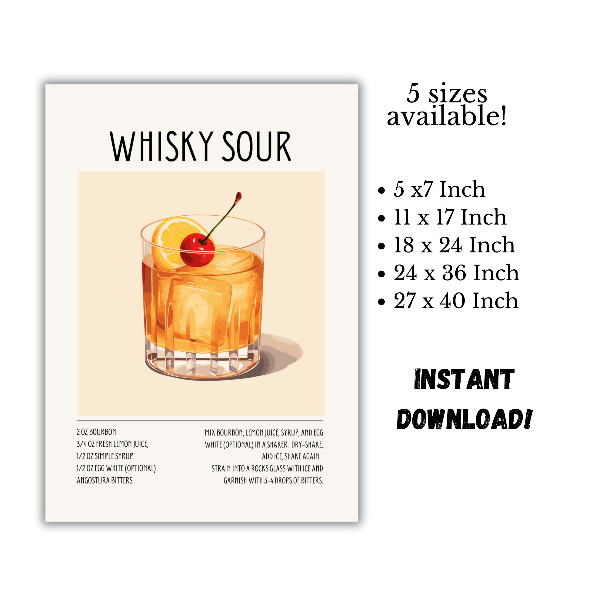 Bar Cart Decor Whisky Sour Classic Cocktails Alcohol Prints Whisky Sour ...