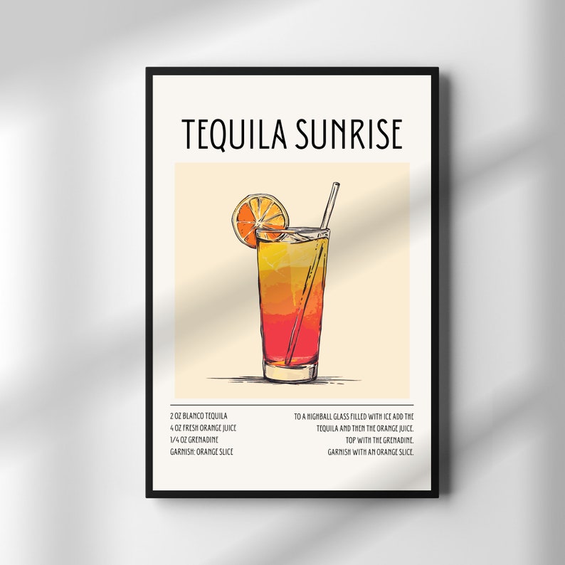 Tequila Sunrise Cocktail Recipe Card Tequila Sunrise Card Art Cocktail ...