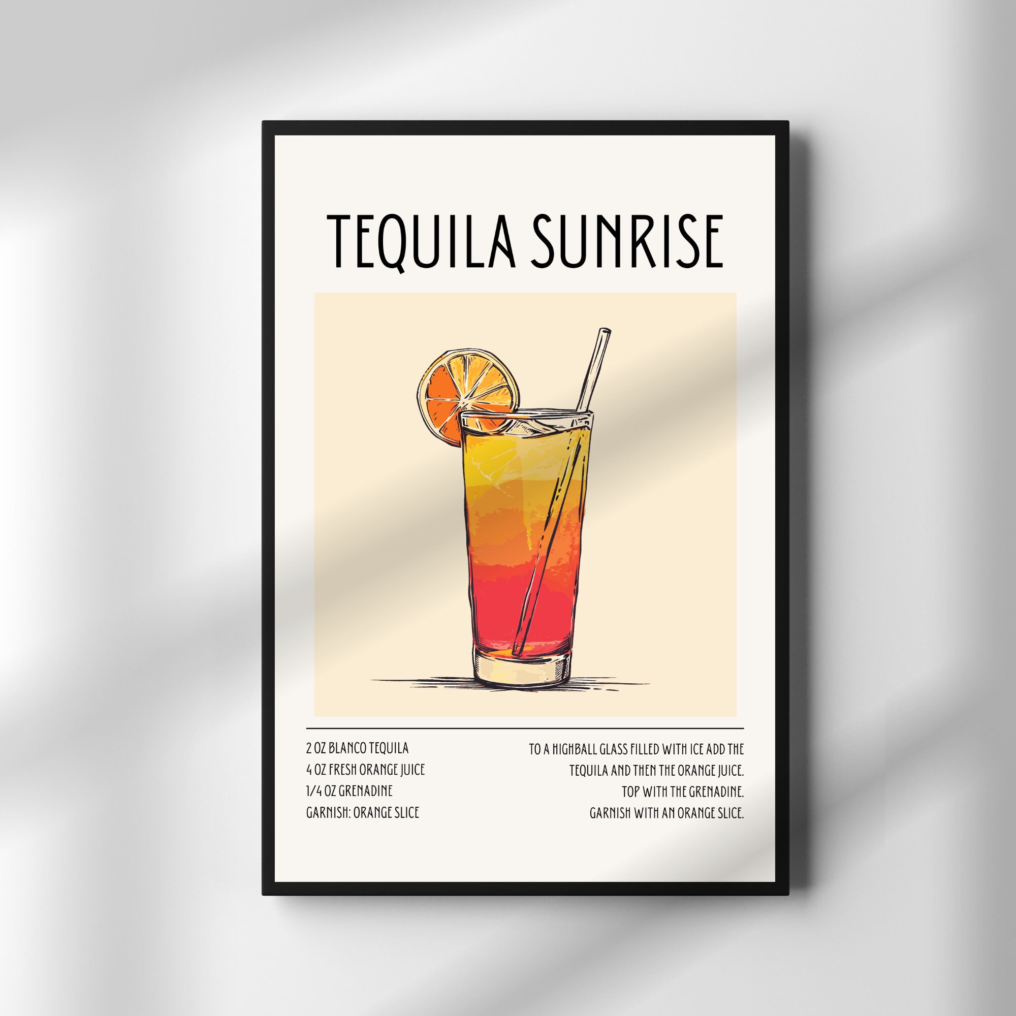 Tequila Sunrise Cocktail Recipe Card Tequila Sunrise Card Art Cocktail ...