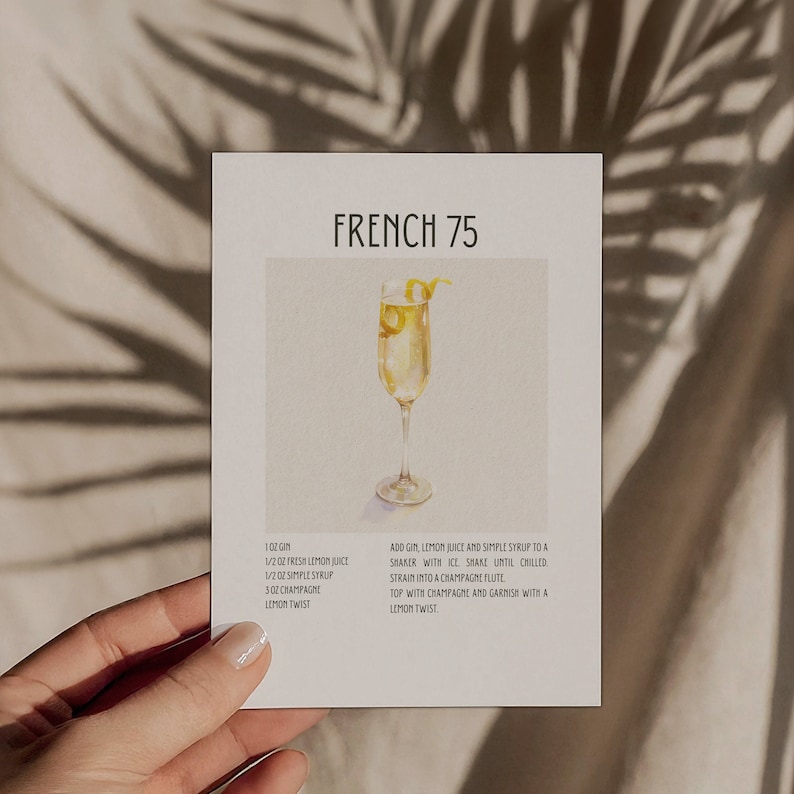 French 75 Cocktail Recipe Printable Drink Illustration Cocktail Recipe ...
