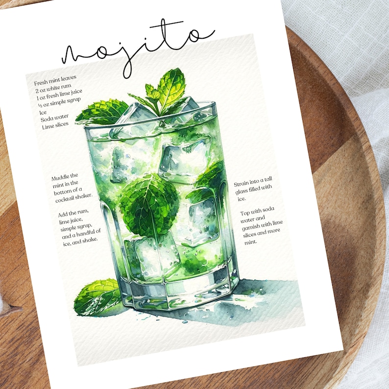 Mojito Cocktail Recipe Card Mojito Printable Cocktail Recipe Print ...