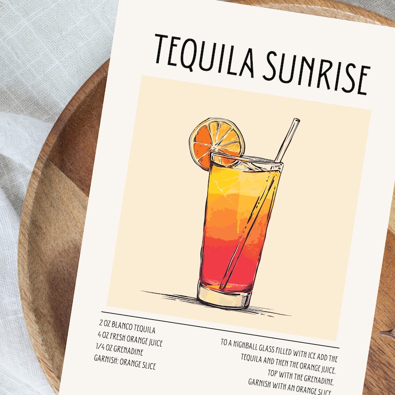 Tequila Sunrise Cocktail Recipe Card Tequila Sunrise Card Art Cocktail ...