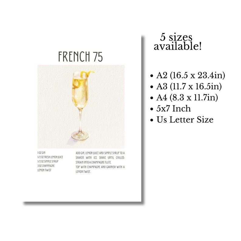 French 75 Cocktail Recipe Printable Drink Illustration Cocktail Recipe ...
