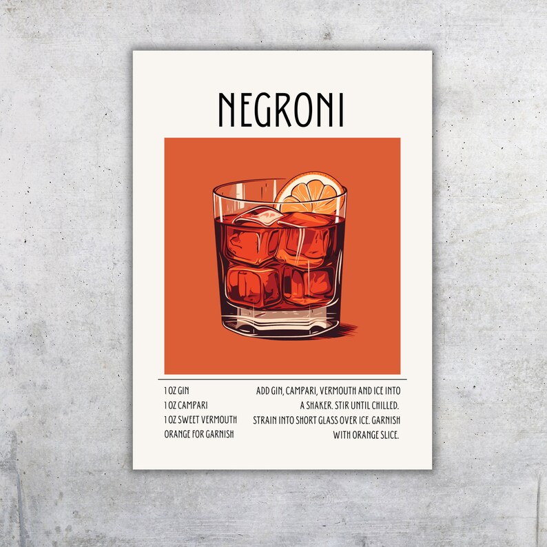 Negroni Cocktail Art Print Negroni Recipe Retro Cocktail Print Negroni ...