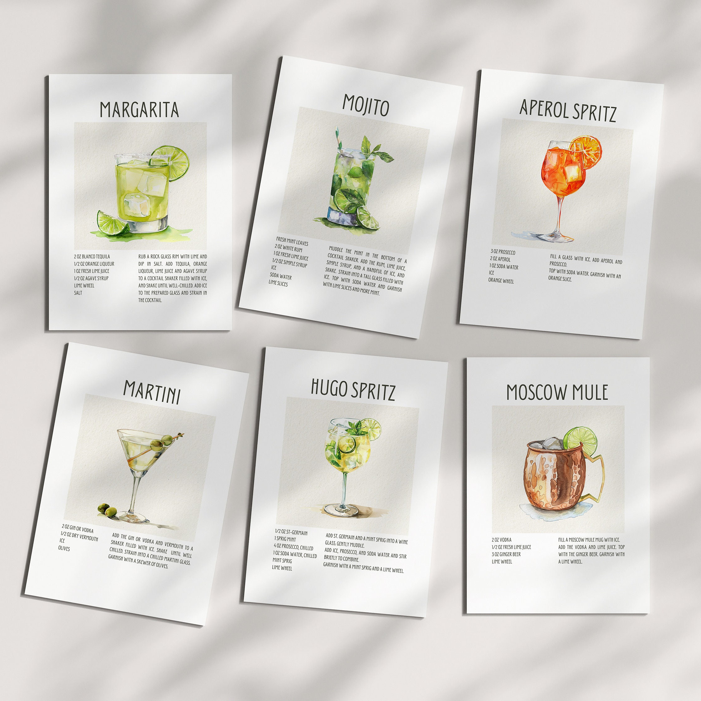 6 Cocktail Recipe Cards Cocktail Cards Cockail Prints Bar Cart Decor ...