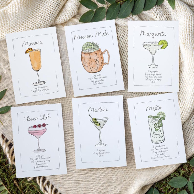 Cocktail Recipe Card Printable Six Printable Recipe Cards Hand Drawn ...