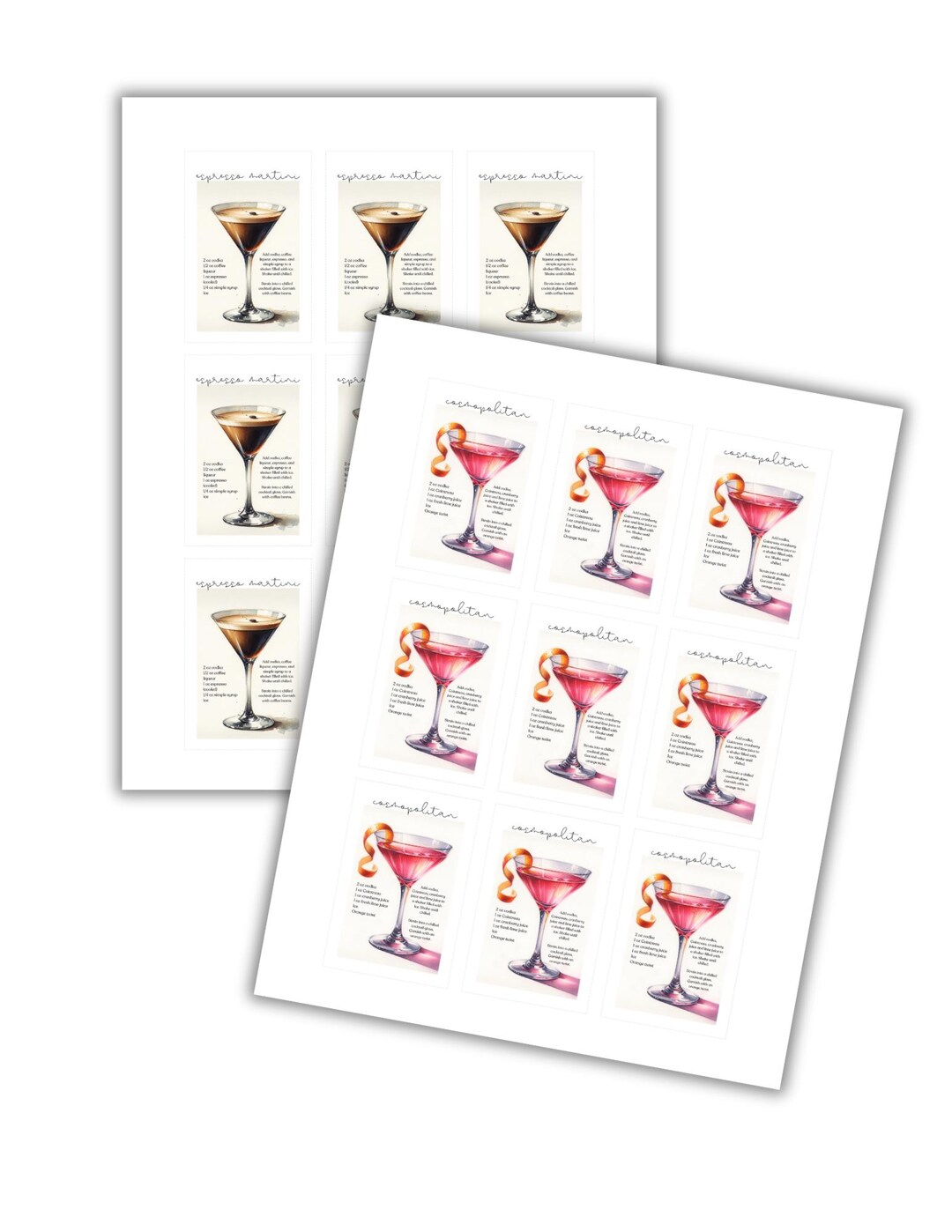Printable Cocktail Recipe Cards Espresso Martini & Cosmopolitan 9 Cards ...