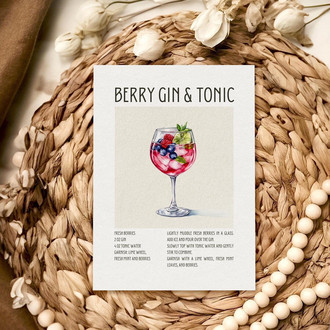 Berry Gin and Tonic Recipe Card Berry G&T Recipe Print Digital Download ...