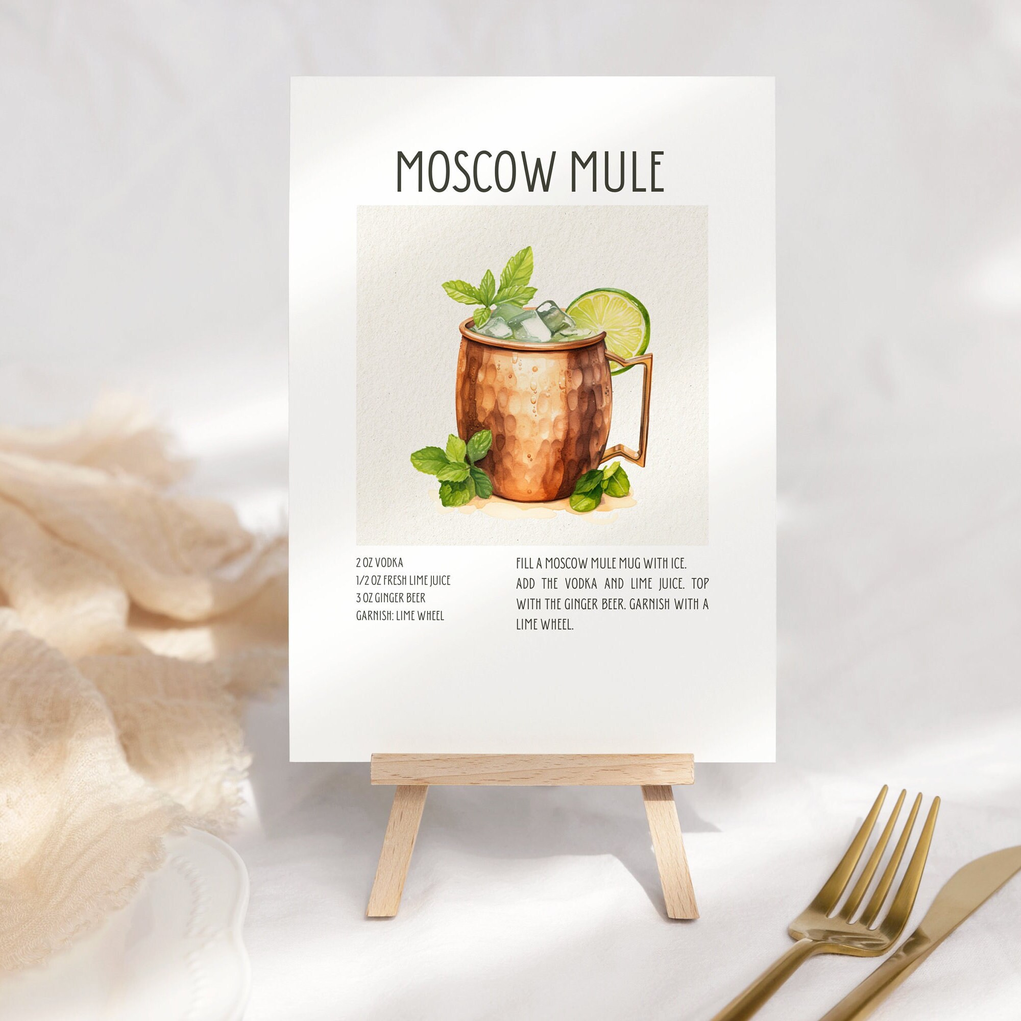 Moscow Mule Recipe Printable Drink Illustration Cocktail Recipe Card ...