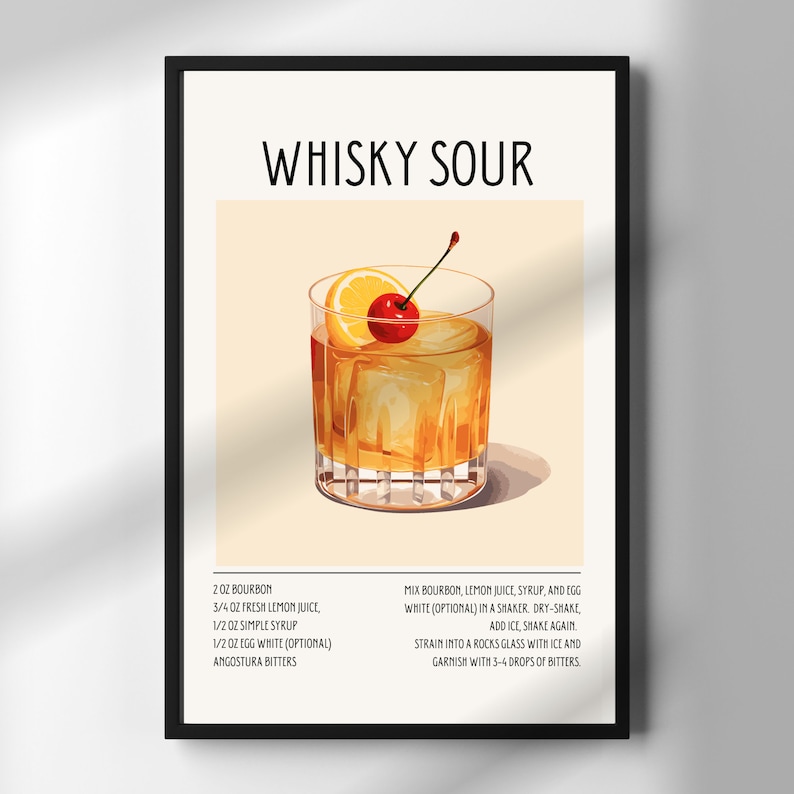 Whisky Sour Art Bar Cart Art Classic Cocktails Alcohol Prints Whisky ...