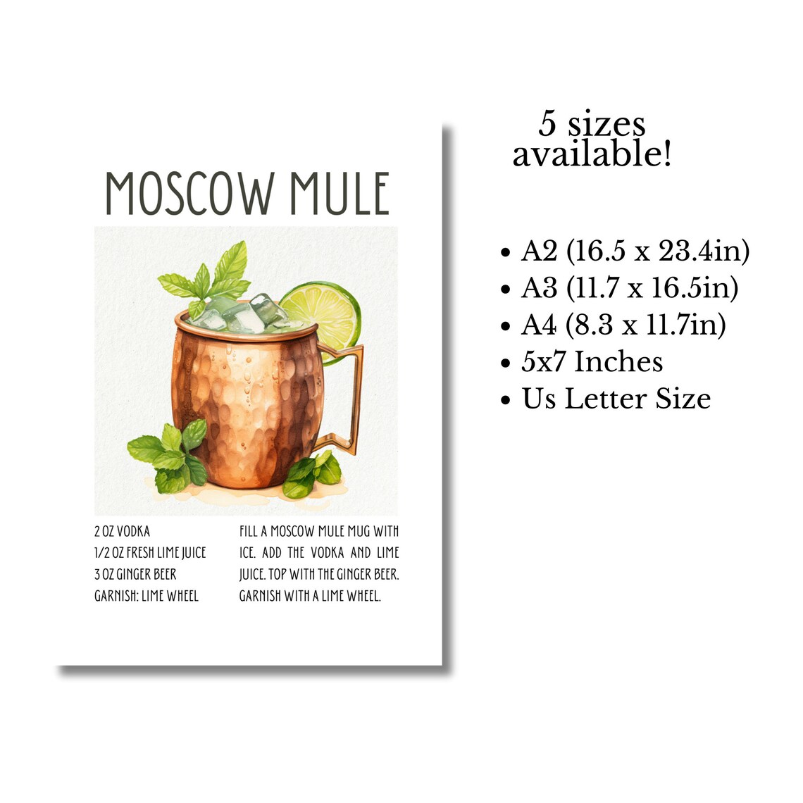 Moscow Mule Cocktail Recipe Card Moscow Mule Card Instant Download ...