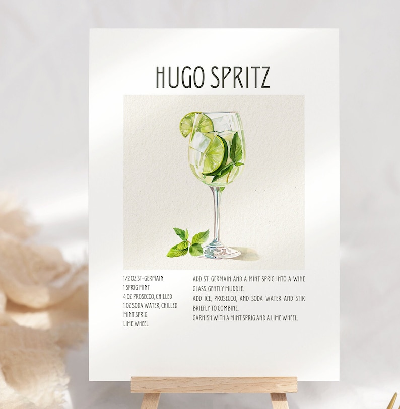Hugo Spritz Print Cocktail Recipe Printable Drink Illustration Cocktail Recipe Card Instant ...
