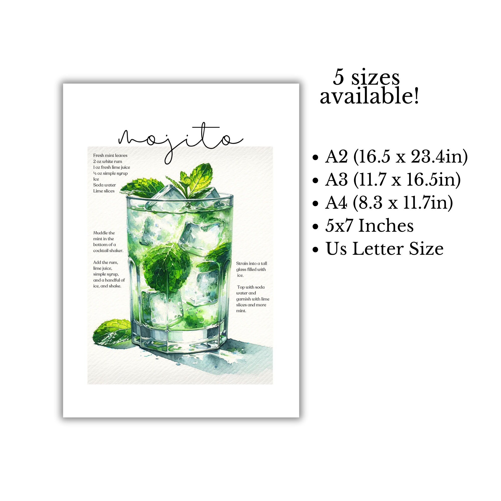 Mojito Cocktail Recipe Card Mojito Printable Cocktail Recipe Print ...