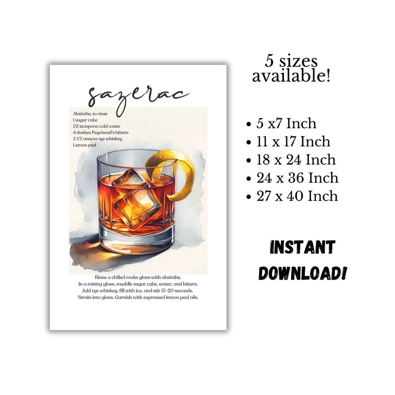 Sazerac Cocktail Recipe Print Cocktail Recipe Card Digital Cocktail ...