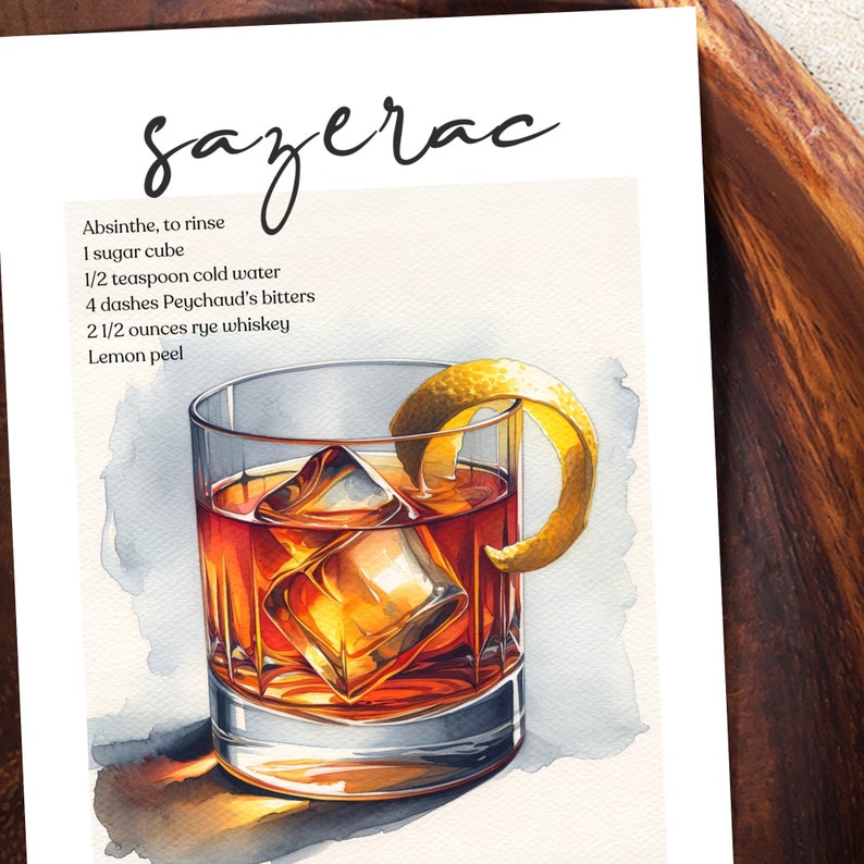 Sazerac Cocktail Recipe Print Cocktail Recipe Card Digital Cocktail ...