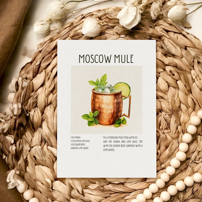 Moscow Mule Recipe Printable Drink Illustration Cocktail Recipe Card ...