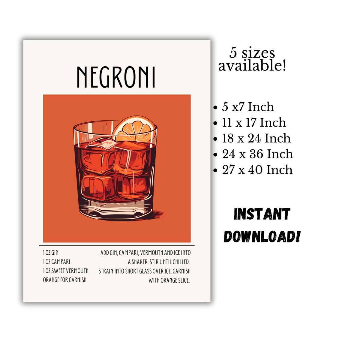 Negroni Cocktail Art Print Negroni Recipe Retro Cocktail Print Negroni ...
