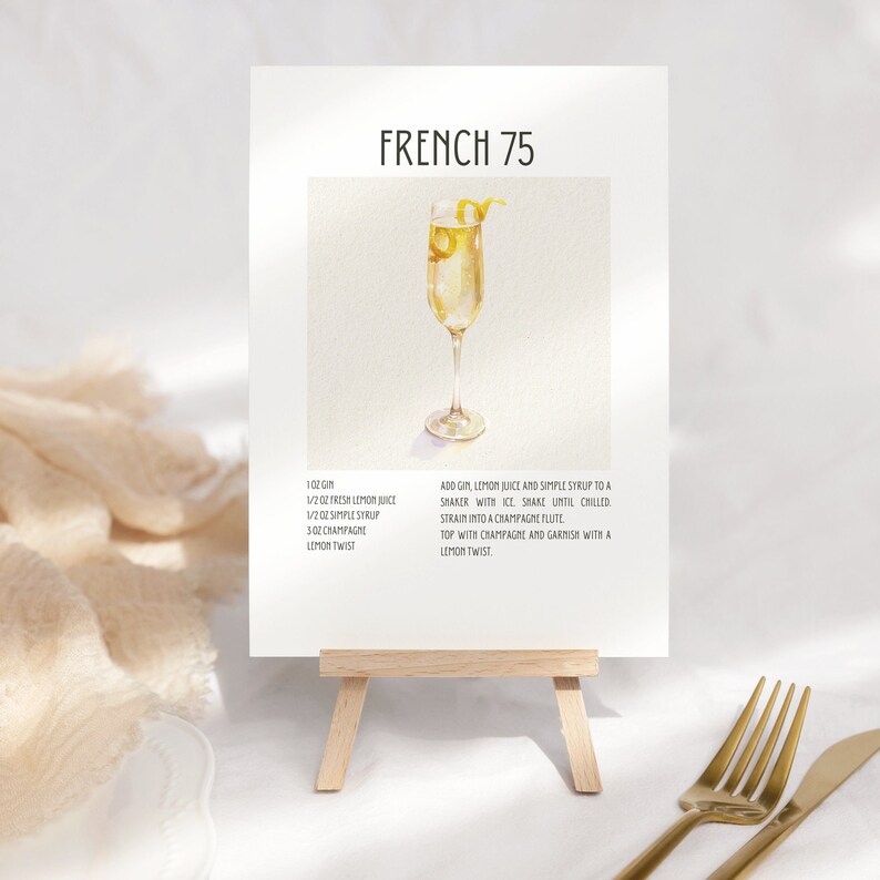French 75 Cocktail Recipe Printable Drink Illustration Cocktail Recipe ...