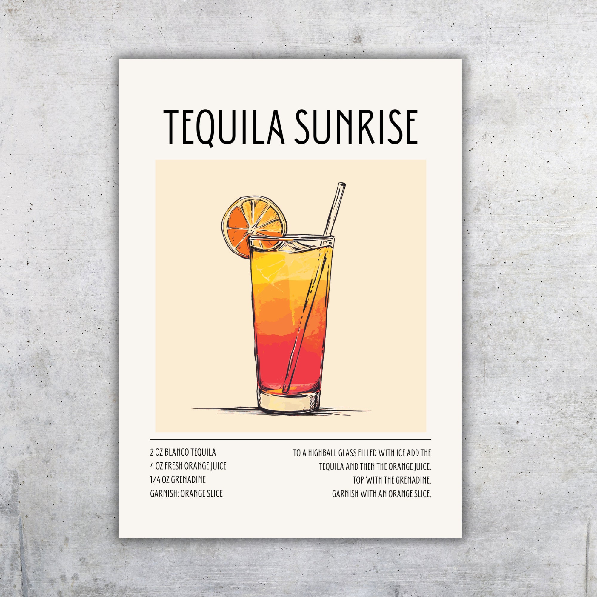 Tequila Sunrise Cocktail Recipe Card Tequila Sunrise Card Art Cocktail ...