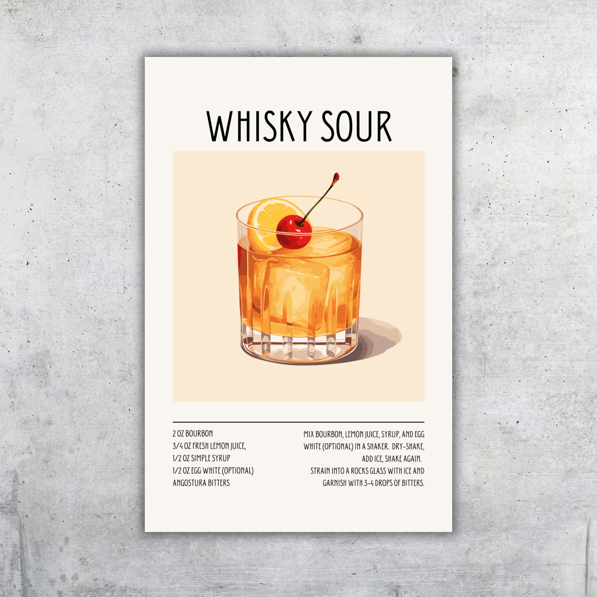 Whisky Sour Cocktail Art Print Whisky Sour Recipe Mixology Prints Retro ...