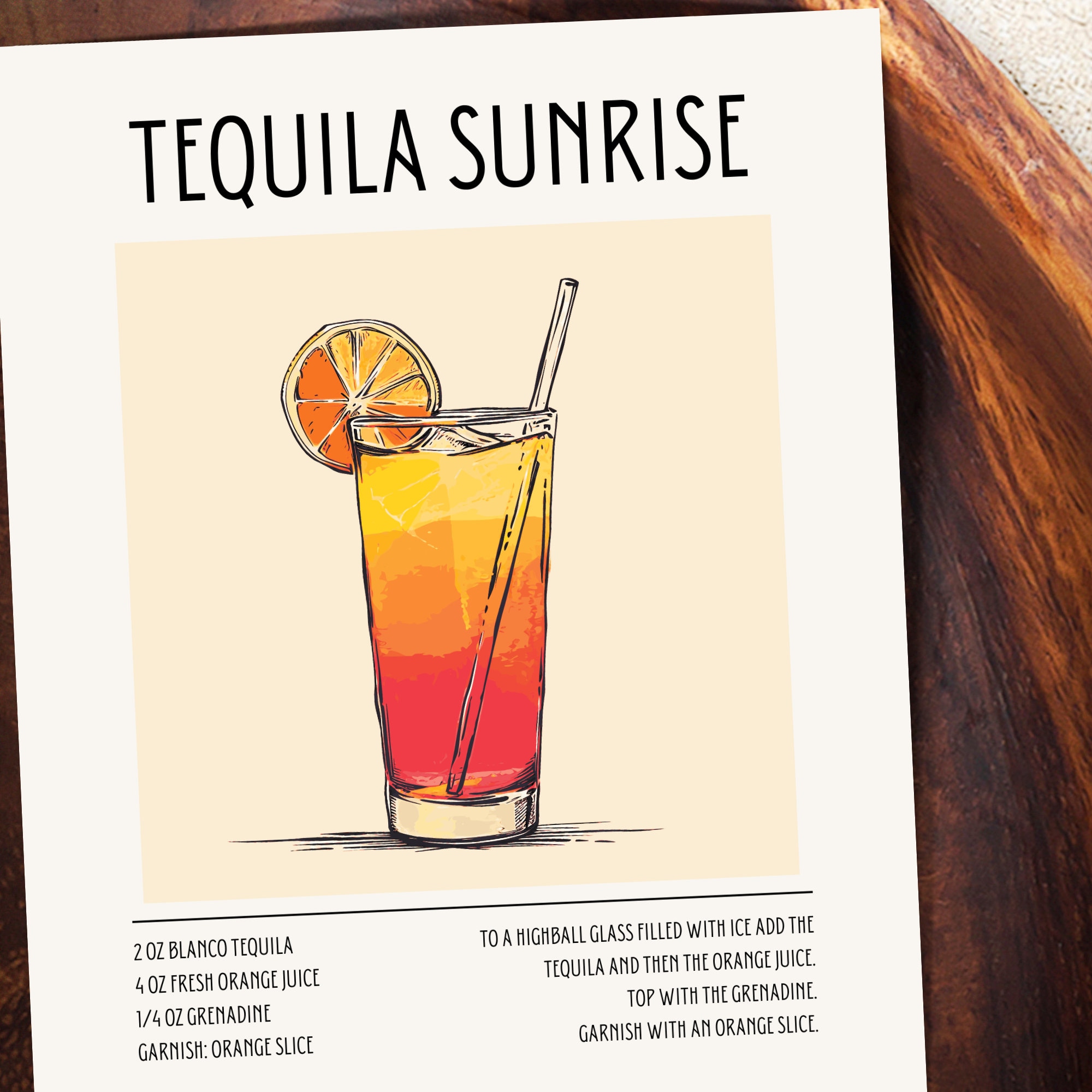 Tequila Sunrise Cocktail Recipe Card Tequila Sunrise Card Art Cocktail ...