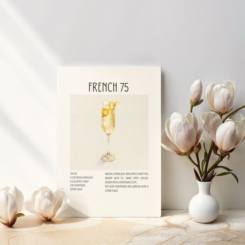 French 75 Cocktail Recipe Printable Drink Illustration Cocktail Recipe ...