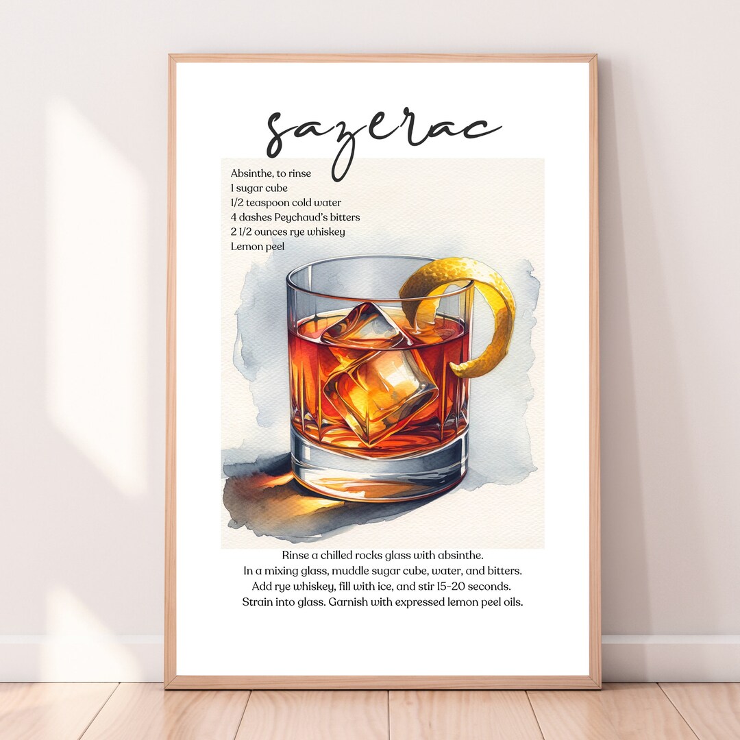 Sazerac Cocktail Recipe Print Cocktail Recipe Card Digital Cocktail ...