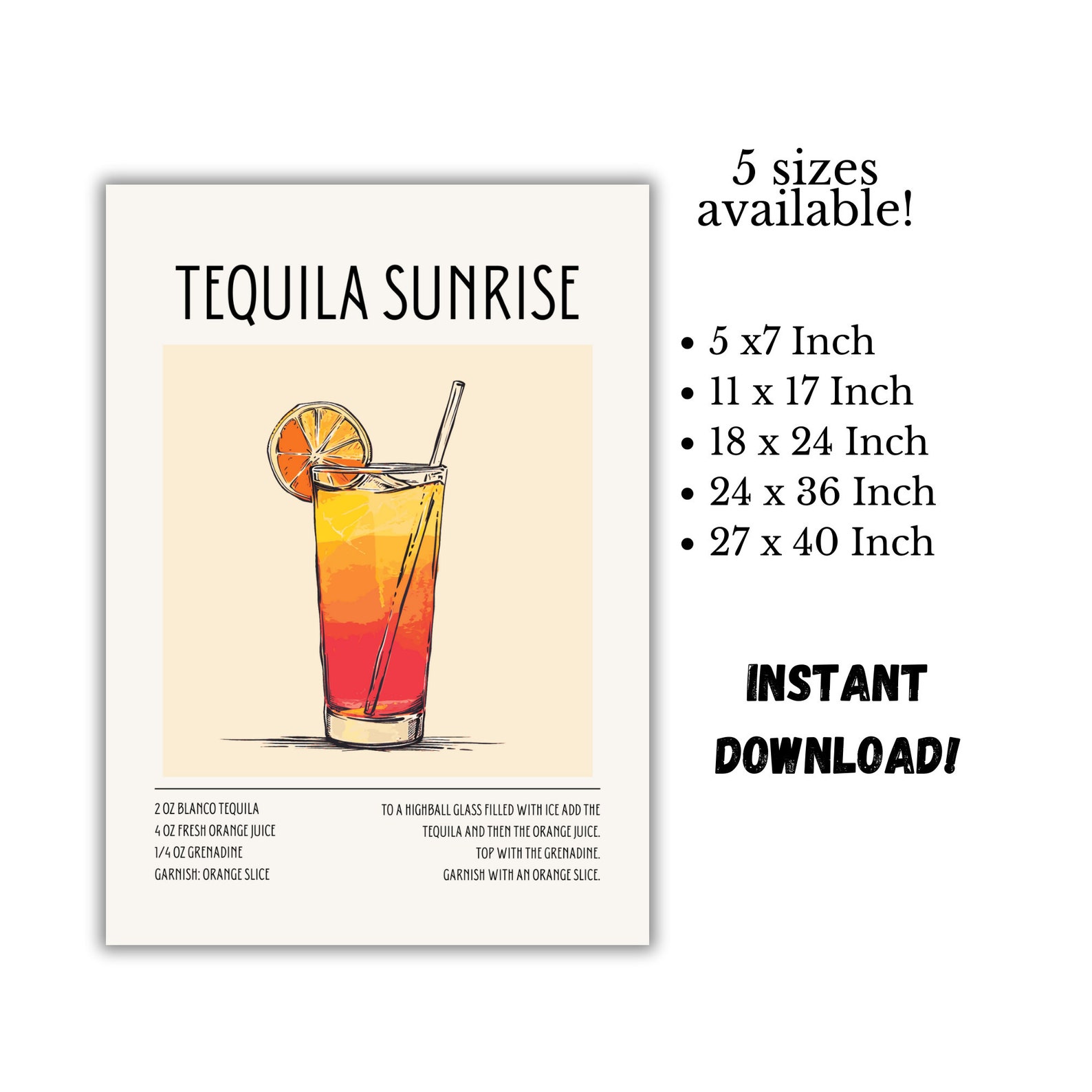 Tequila Sunrise Cocktail Recipe Card Tequila Sunrise Card Art Cocktail ...