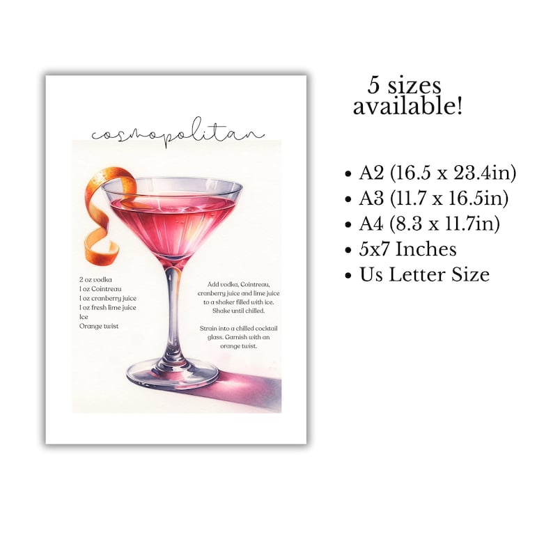 Cosmopolitan Recipe Cosmopolitan Card Cosmo Print Cocktail Recipes ...