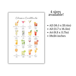 Classic Cocktails Recipe Print Cocktail Poster Cocktail Art Drink Bar ...