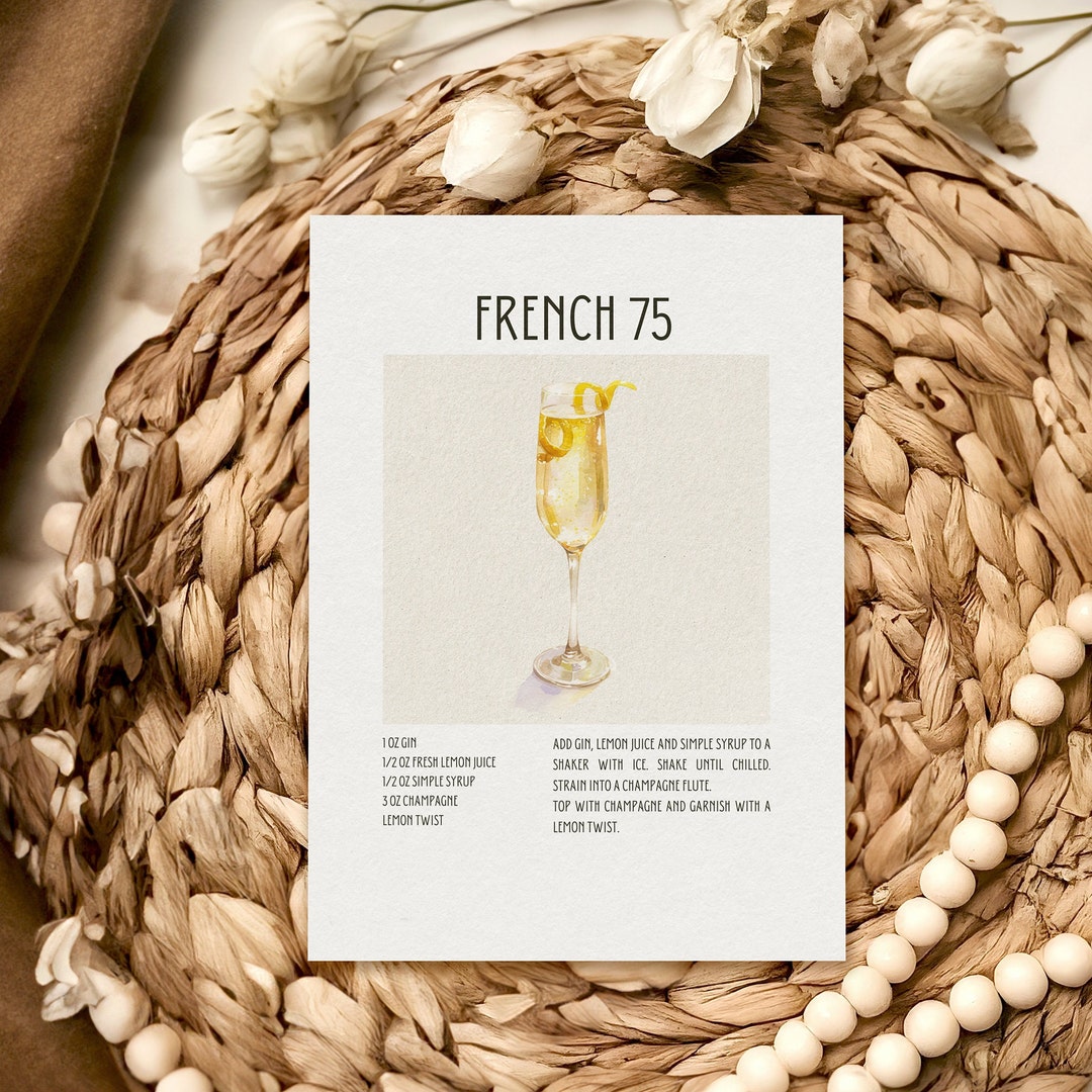 French 75 Cocktail Recipe Printable Drink Illustration Cocktail Recipe ...