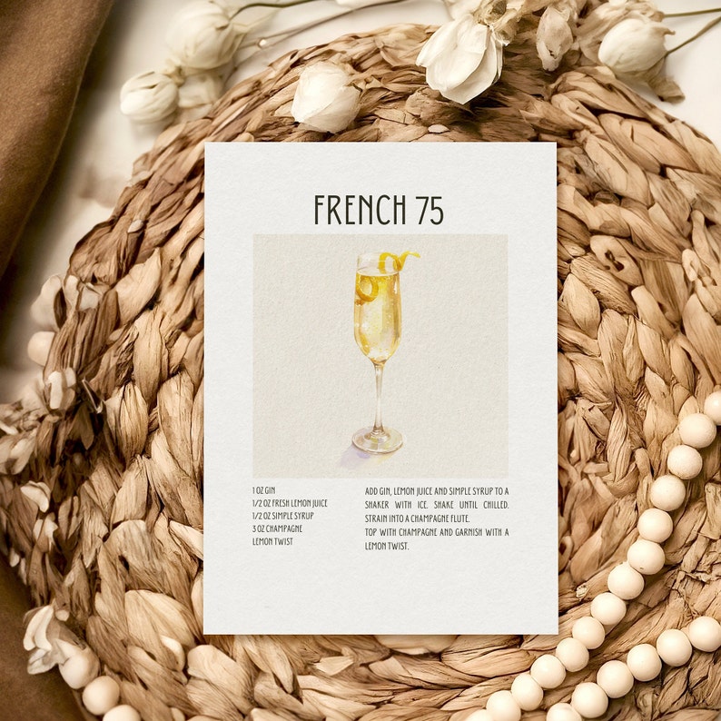 French 75 Cocktail Recipe Printable Drink Illustration Cocktail Recipe ...