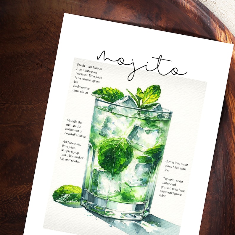 Mojito Cocktail Recipe Card Mojito Printable Cocktail Recipe Print ...