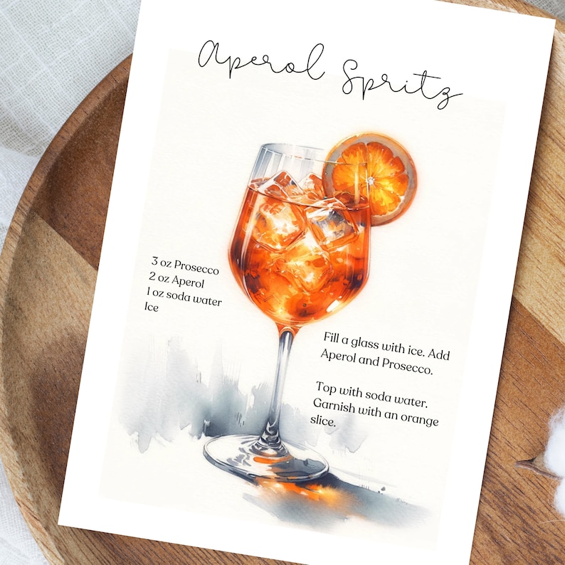 Cocktail Recipe Card Aperol Spritz Recipe Instant Download Printable ...