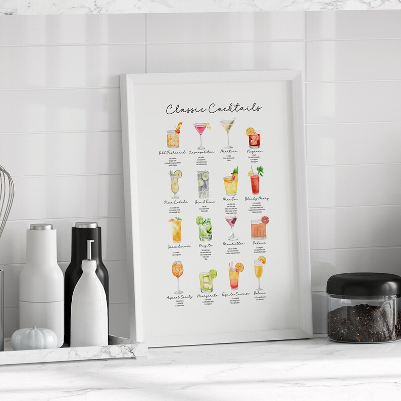 Cocktail Poster Classic Cocktails Watercolor Drinks Poster Bar Cart ...