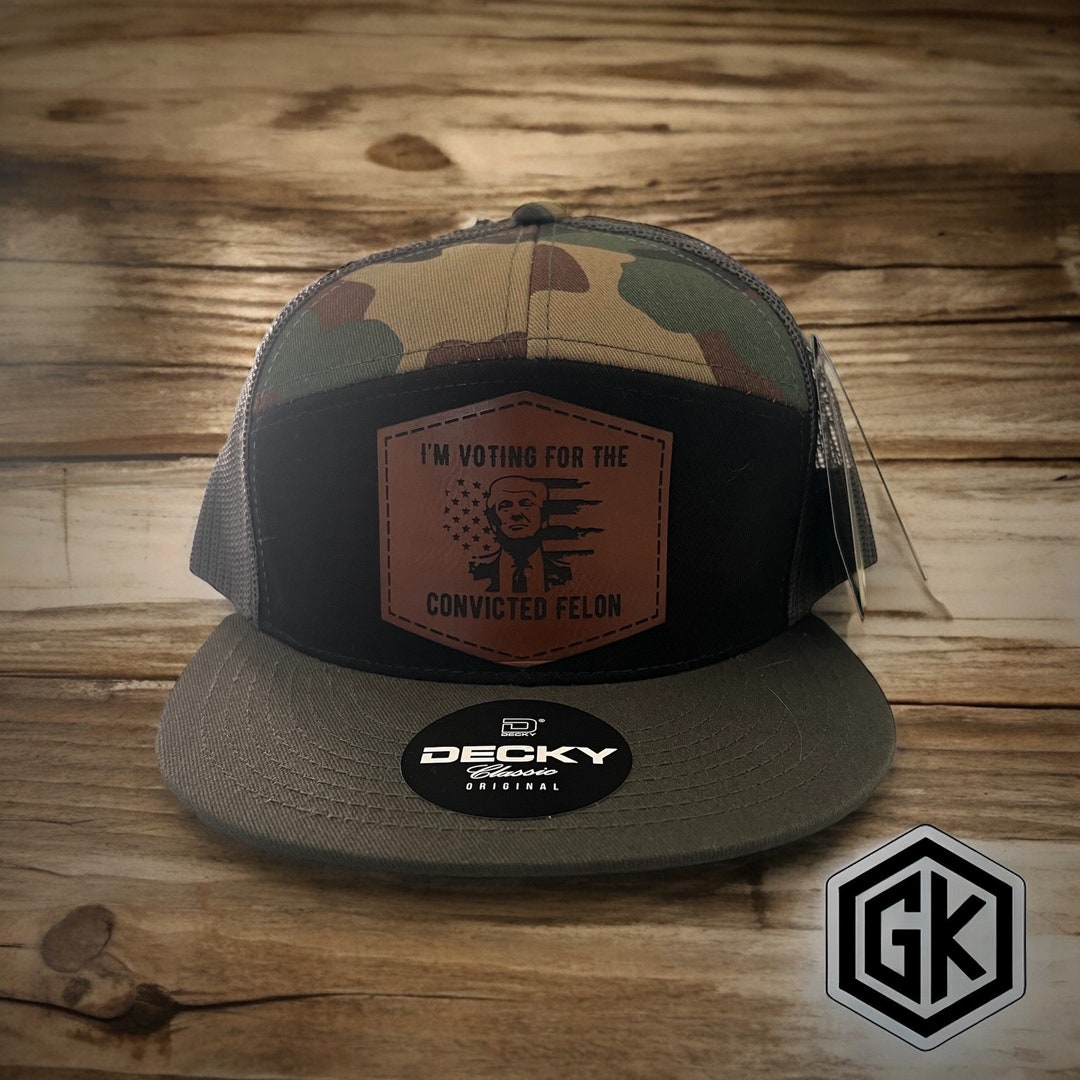 Convicted Felon Custom Leather Patch 7 Panel Trucker Hat Custom Leather ...