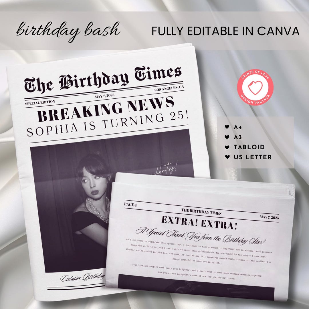 Birthday Newspaper Invitation Canva Birthday Party Invite Template ...