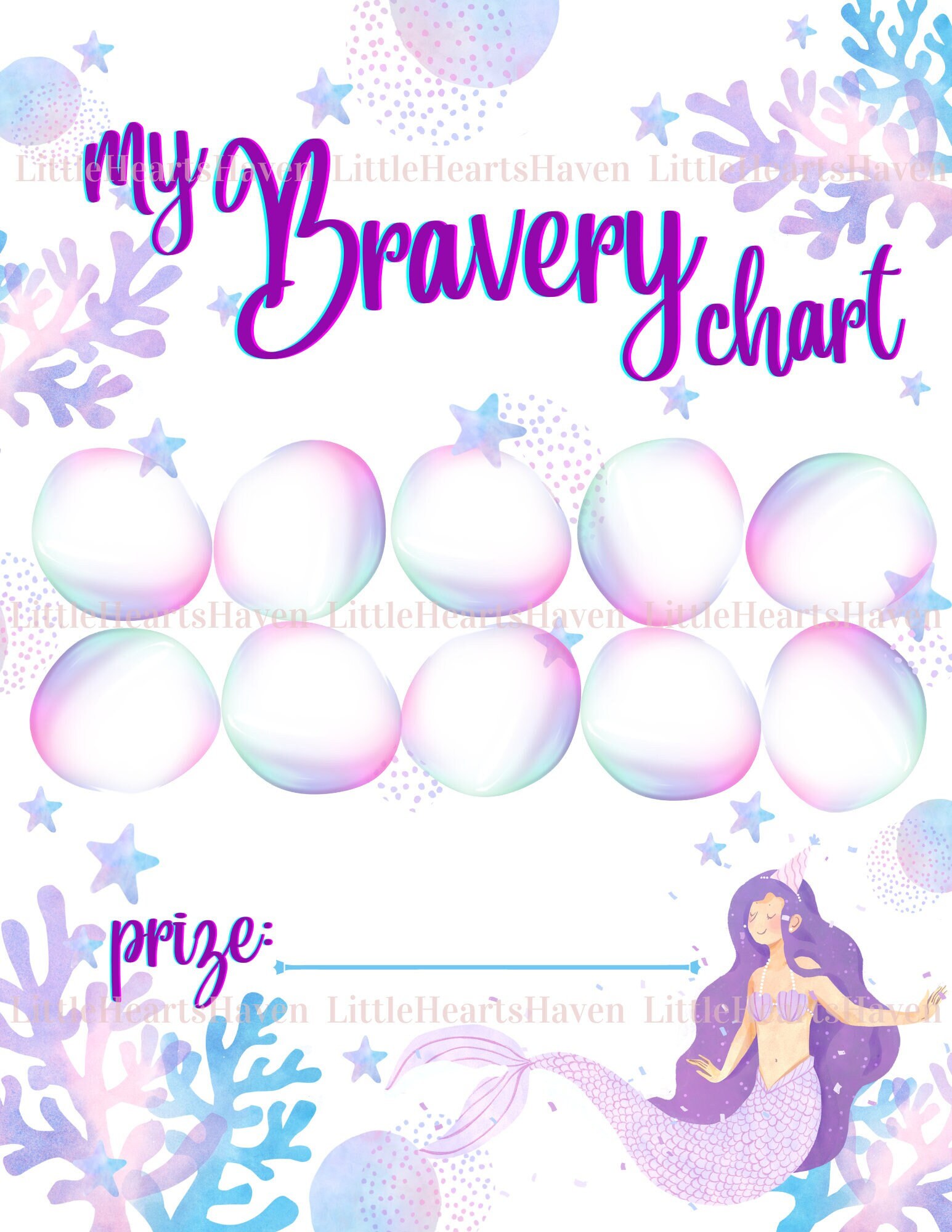 Printable Bravery Chart, Mermaid Sticker Chart, Reward Chart for Kids ...